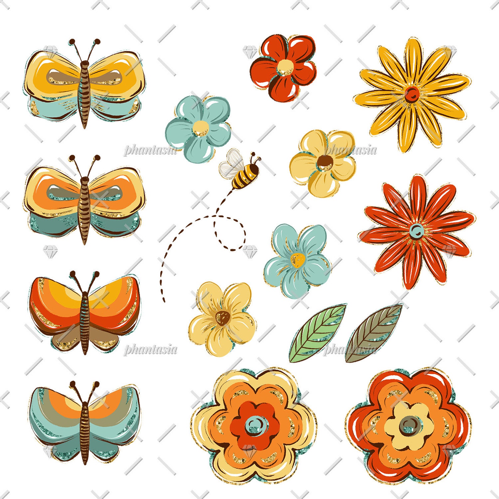 Groovy Flowers Digital Kit Bee Clipart Watercolor Clipart - Etsy