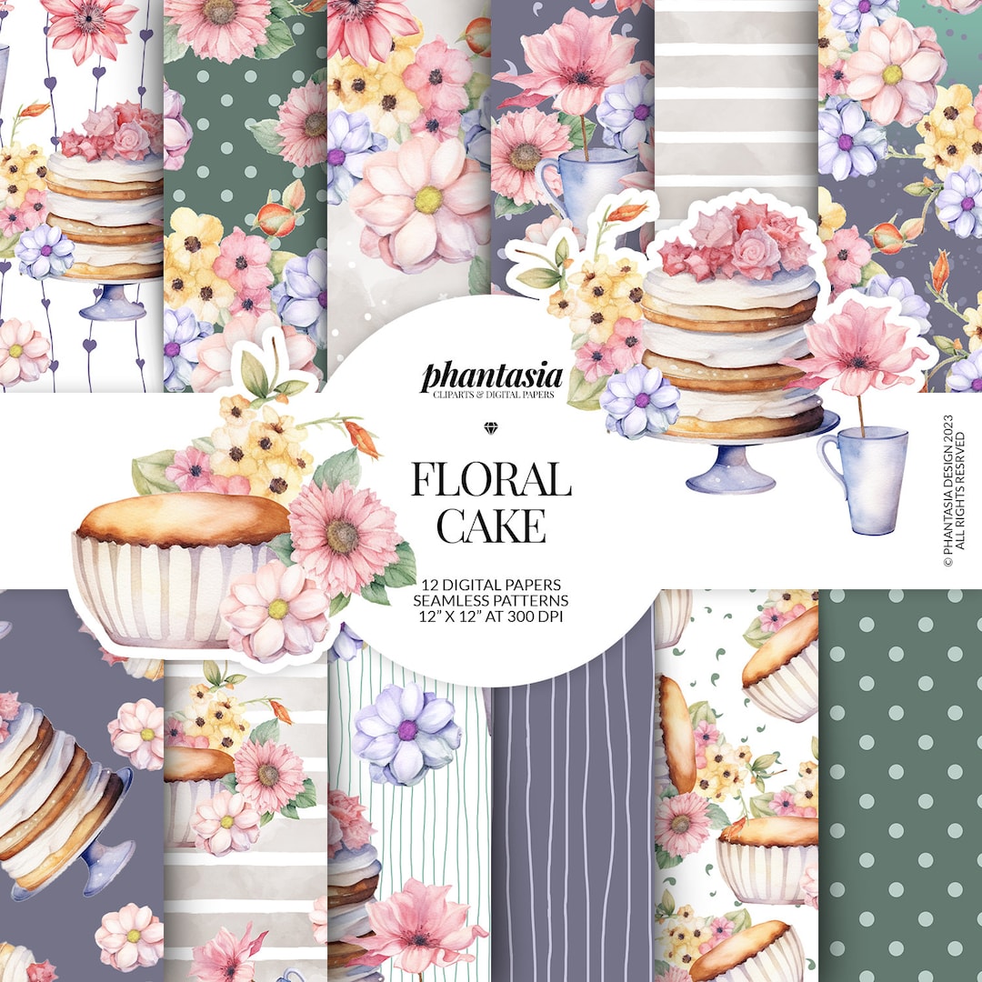 Watercolor Floral Cake Digital Paper, Cake Patterns, Floral Patterns ...