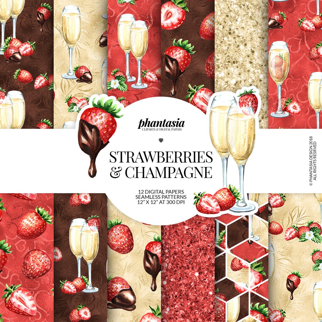 Strawberries and Champagne Digital Paper, Valentines Day, Valentines ...