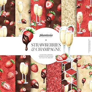 Strawberries and Champagne Digital Paper, Valentines Day, Valentines ...