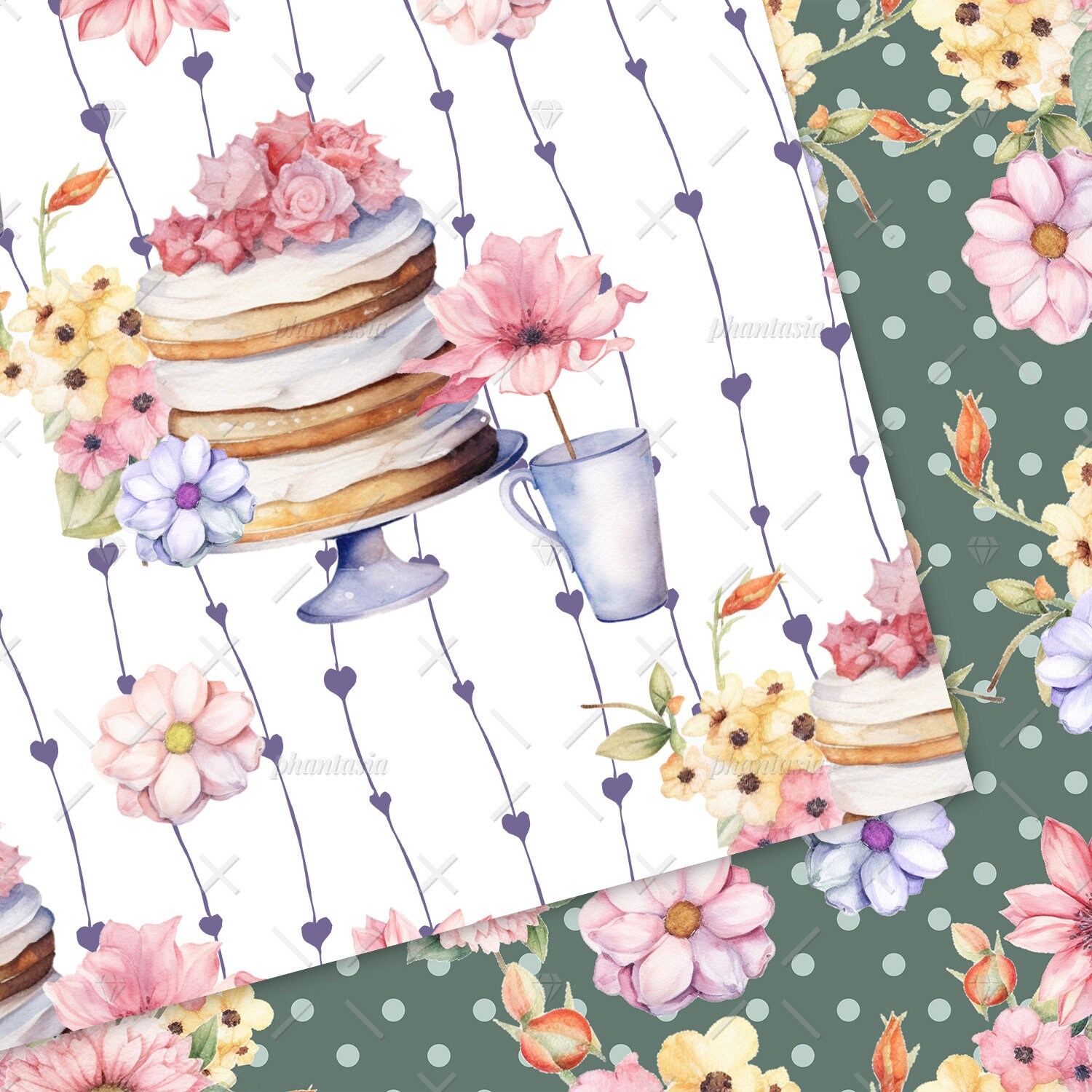 Watercolor Floral Cake Digital Paper, Cake Patterns, Floral Patterns ...