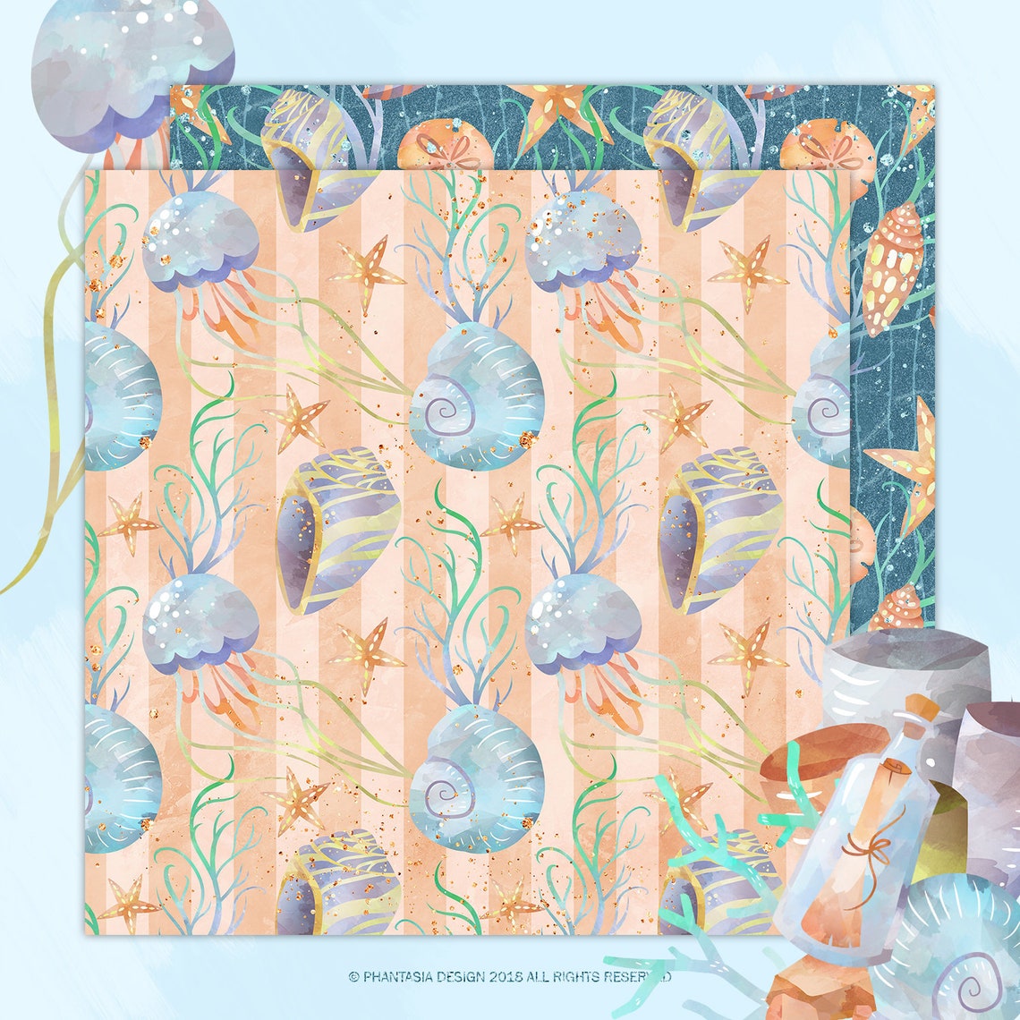 Seashells Digital Paper Sea Creatures Jellyfish Summer | Etsy