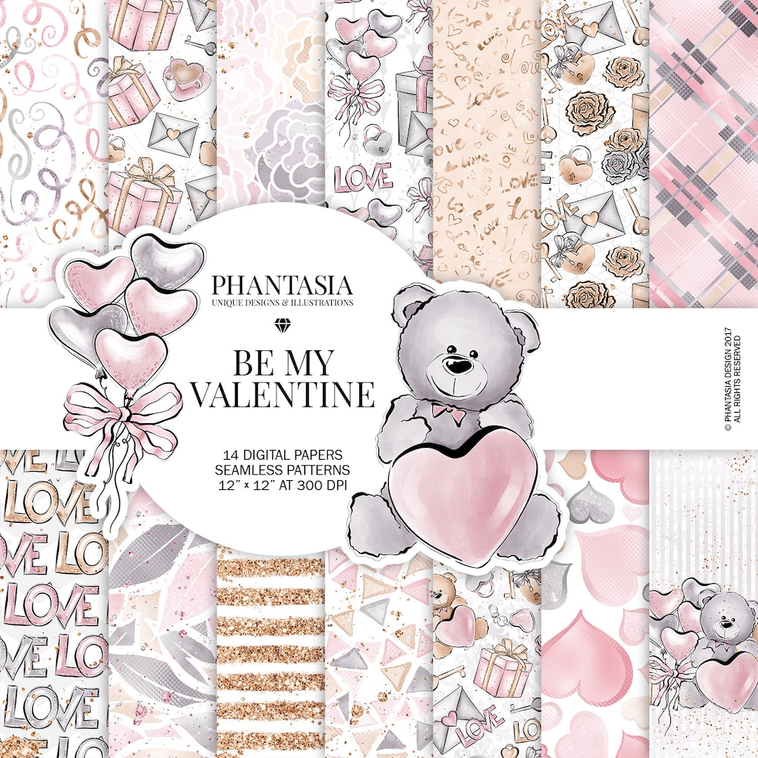 Valentines Day Digital Paper Pack, Teddy Bear, Love Digital Paper, Pink ...