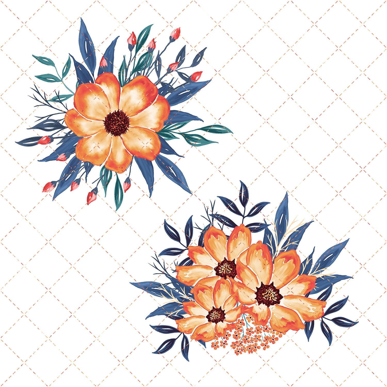 Blue And Orange Watercolor Floral Cliparts Summer Clipart | Etsy