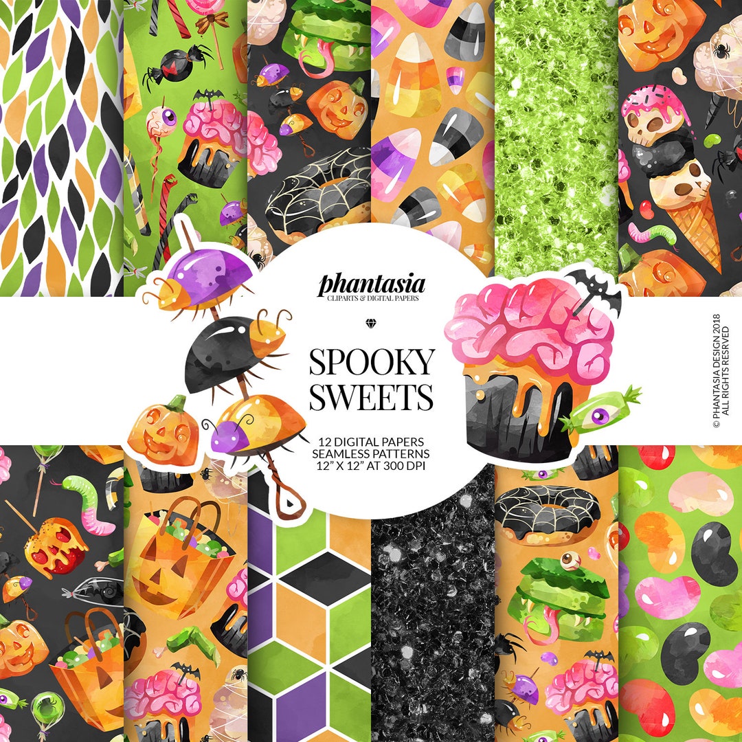Halloween Candy Digital Paper, Creepy Treats, Spooky Sweets, Halloween ...