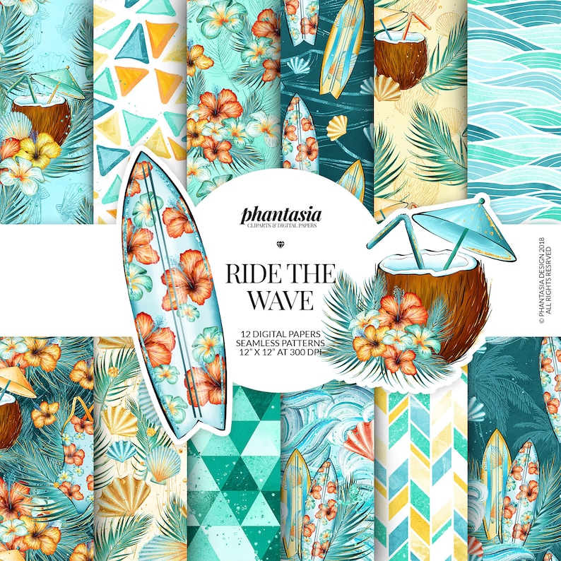 Tropical Island Digital Paper, Surfing Digital Paper, Exotic Digital ...