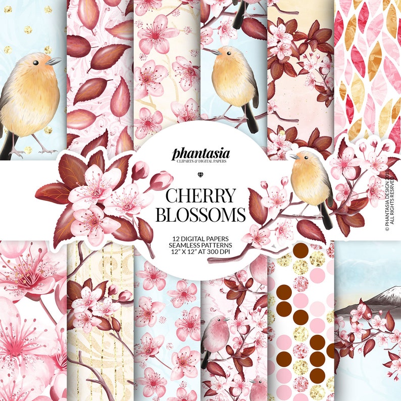 Cherry Blossom Digital Papers Floral Patterns Seamless - Etsy