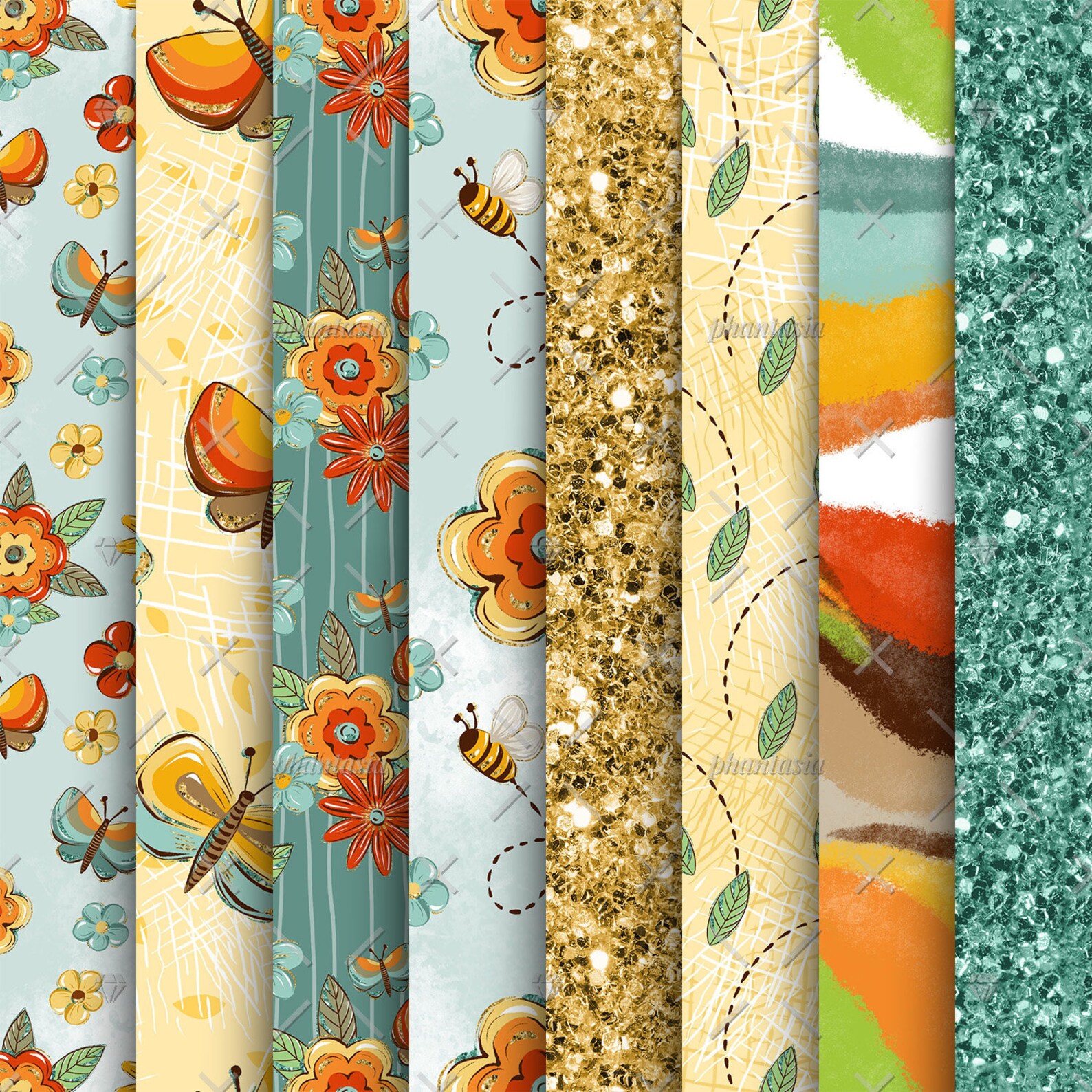 Groovy Flowers Digital Kit, Bee Clipart, Watercolor Clipart, Seamless ...