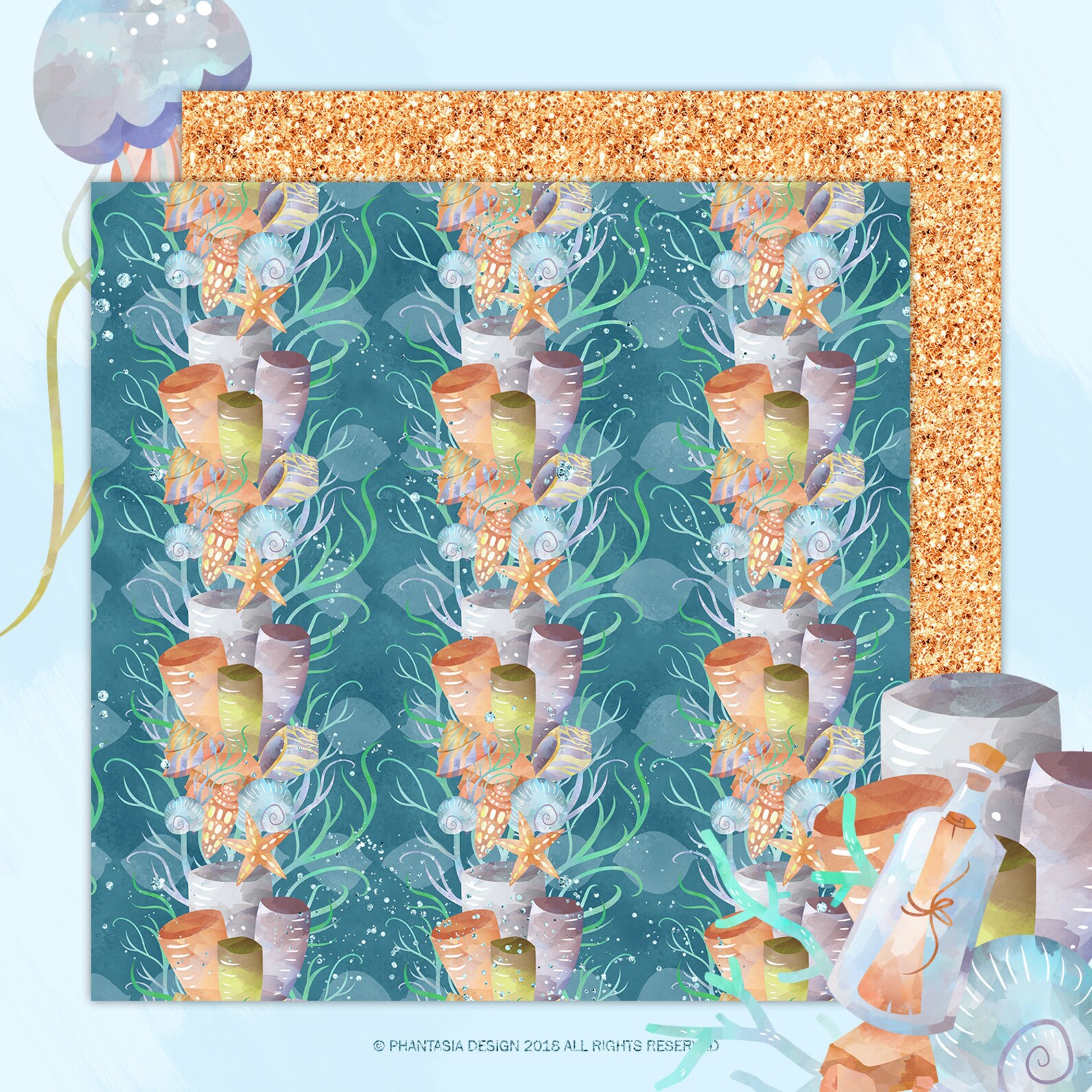 Seashells Digital Paper Sea Creatures Jellyfish Summer | Etsy
