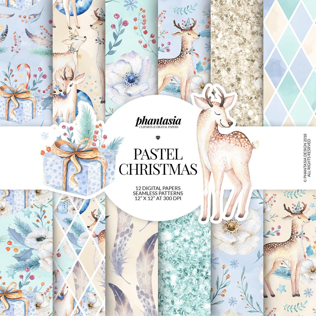 Pastel Christmas Digital Papers, Whimsical Christmas, Watecolor ...