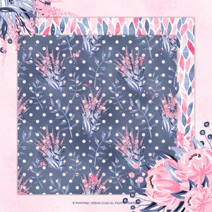 Blue and Pink Watercolor Floral Digital Paper, Pink Glitter, Floral ...