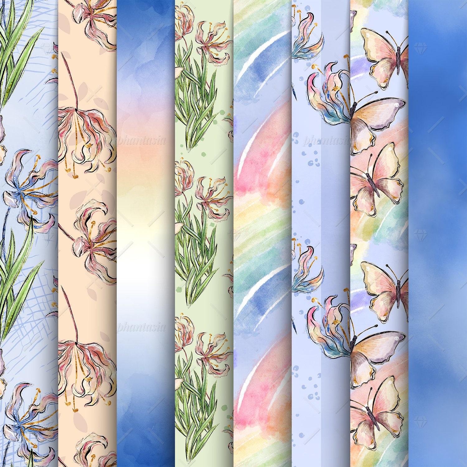 Rainbow Digital Kit, Butterflies Clipart, Watercolor Clipart, Seamless ...