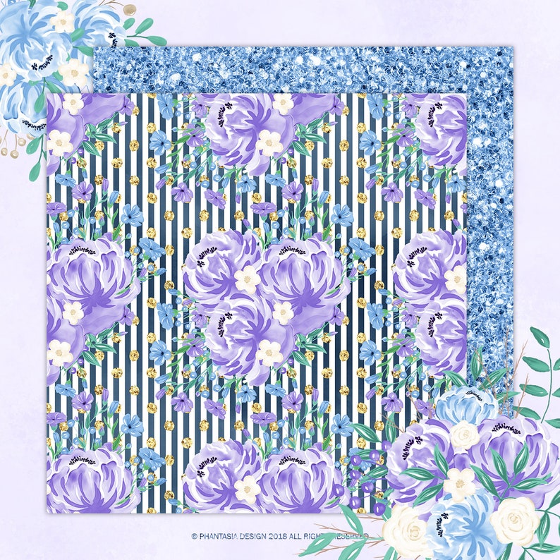 Watercolor Floral Digital Paper Flower Digital Blue and - Etsy