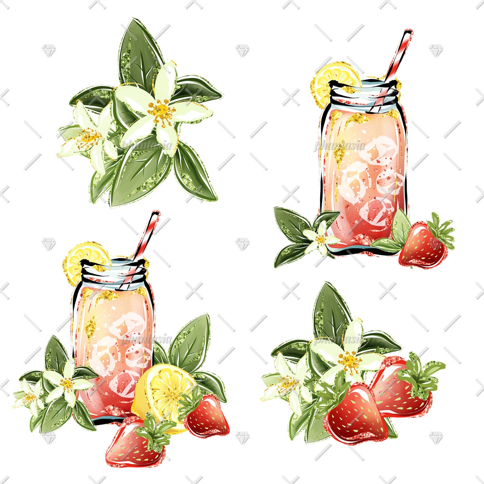 Strawberry Lemonade Clipart Bundle, Lemonade Digital Papers ...