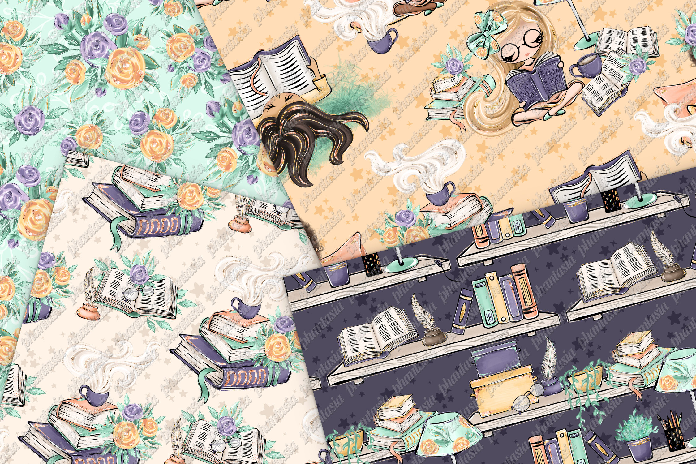 Booklover Digital Papers Books Digital Seamless Patterns | Etsy