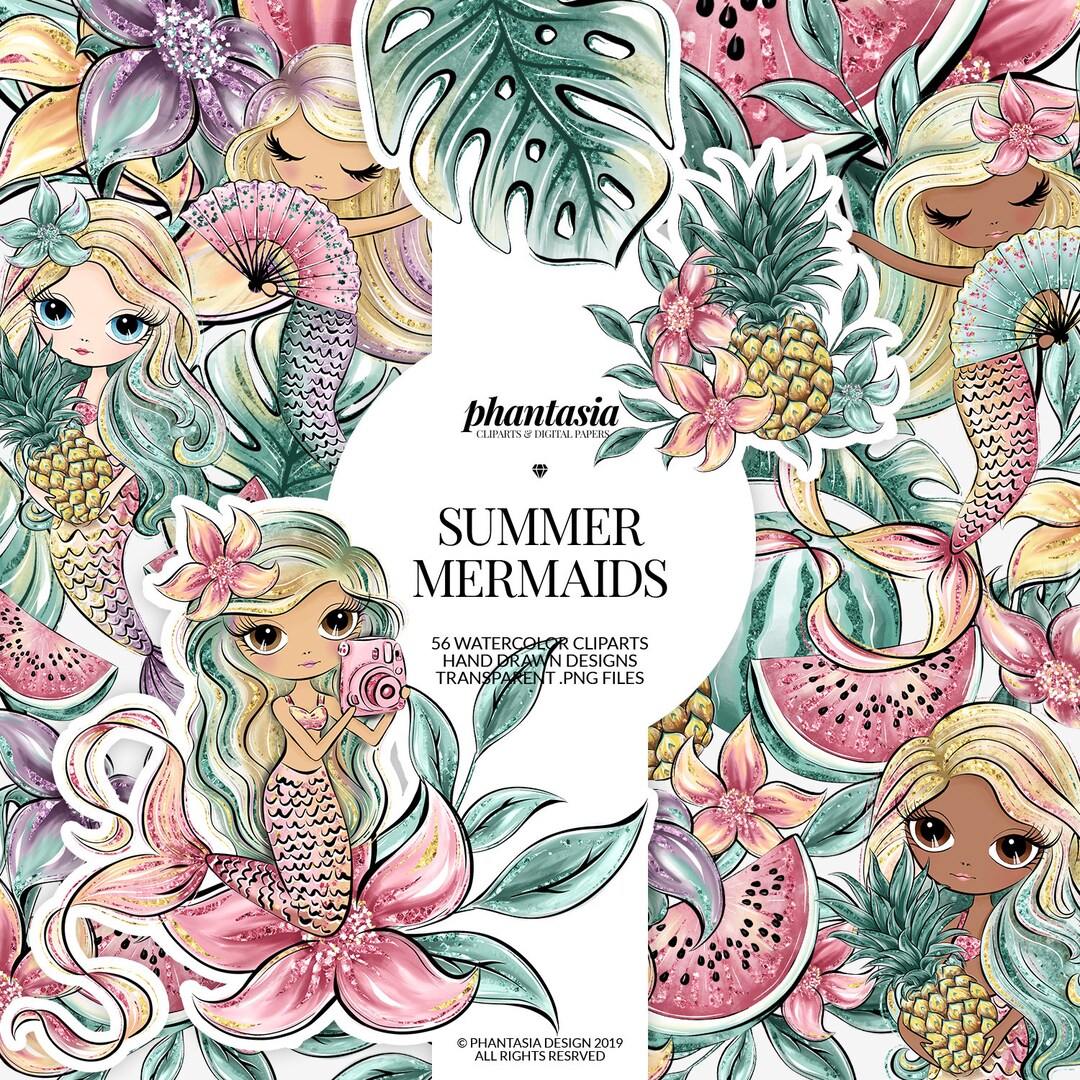 Summer Mermaids Watercolor Clipart, Tropical Mermaids, Sunny Mermaids ...
