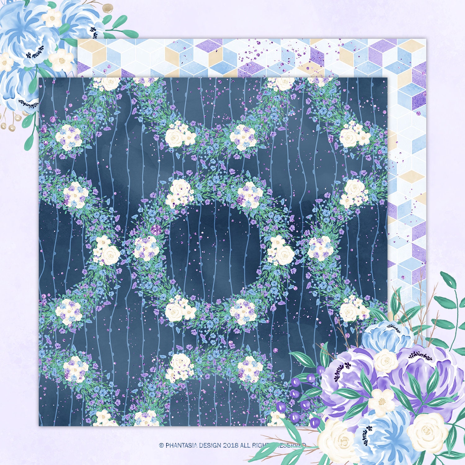 Watercolor Floral Digital Paper Flower Digital Blue and - Etsy