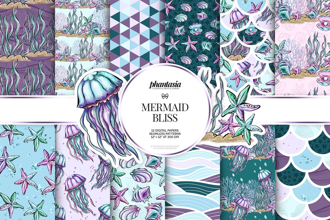 Mermaid Digital Papers, Mermaid Patterns, Mermaid Seamless, Mermaid ...