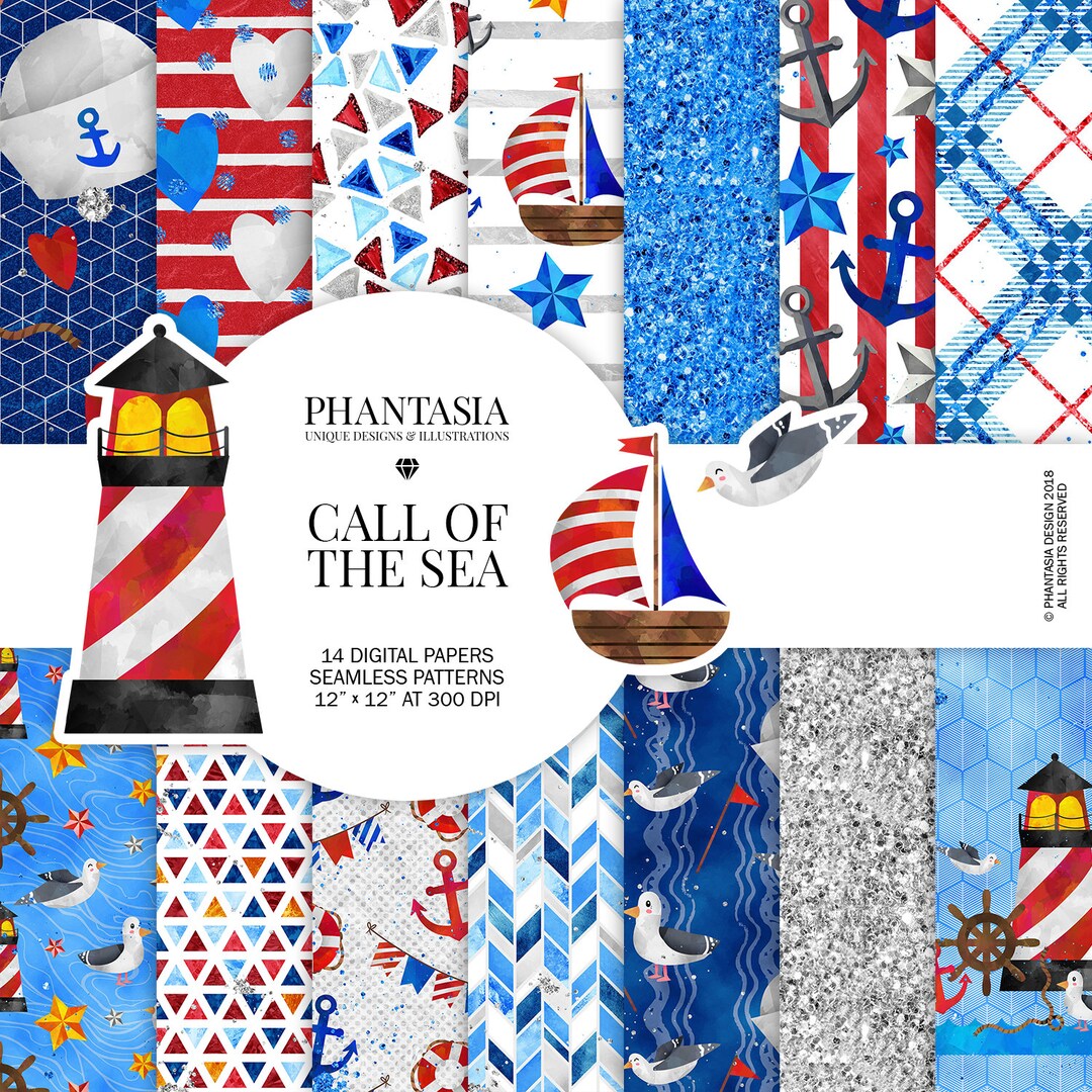 Nautical Digital Paper, Sea Pattern, Sailor Seamless, Nautical Planner ...