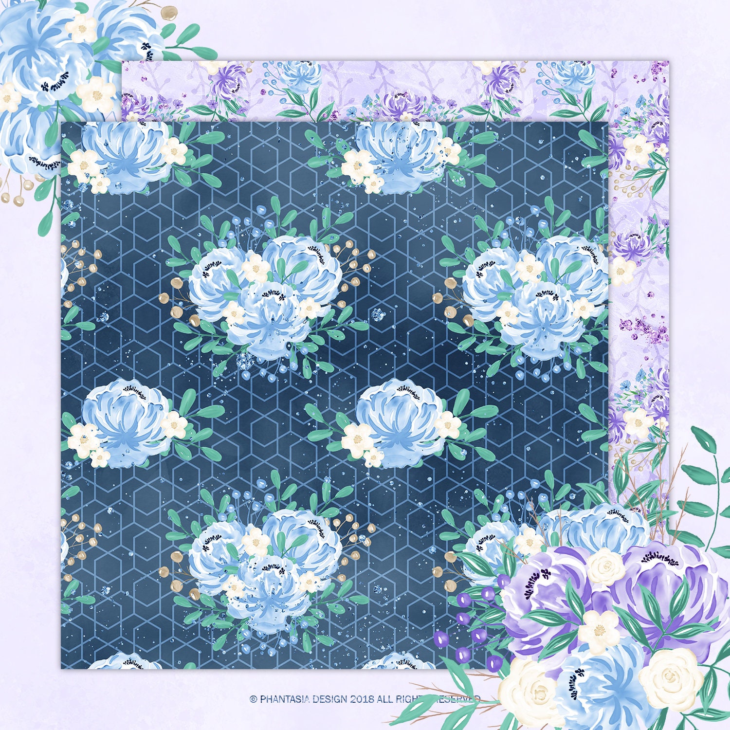 Watercolor Floral Digital Paper Flower Digital Blue and - Etsy