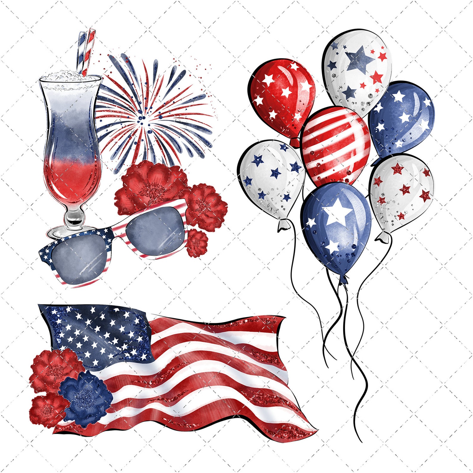 Independance Day Watercolor Clipart 4th of July Clipart - Etsy