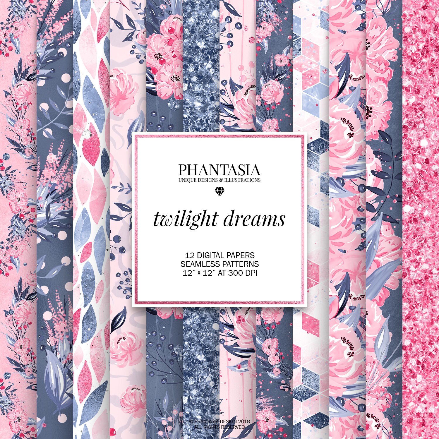 Blue and Pink Watercolor Floral Digital Paper, Pink Glitter, Floral ...