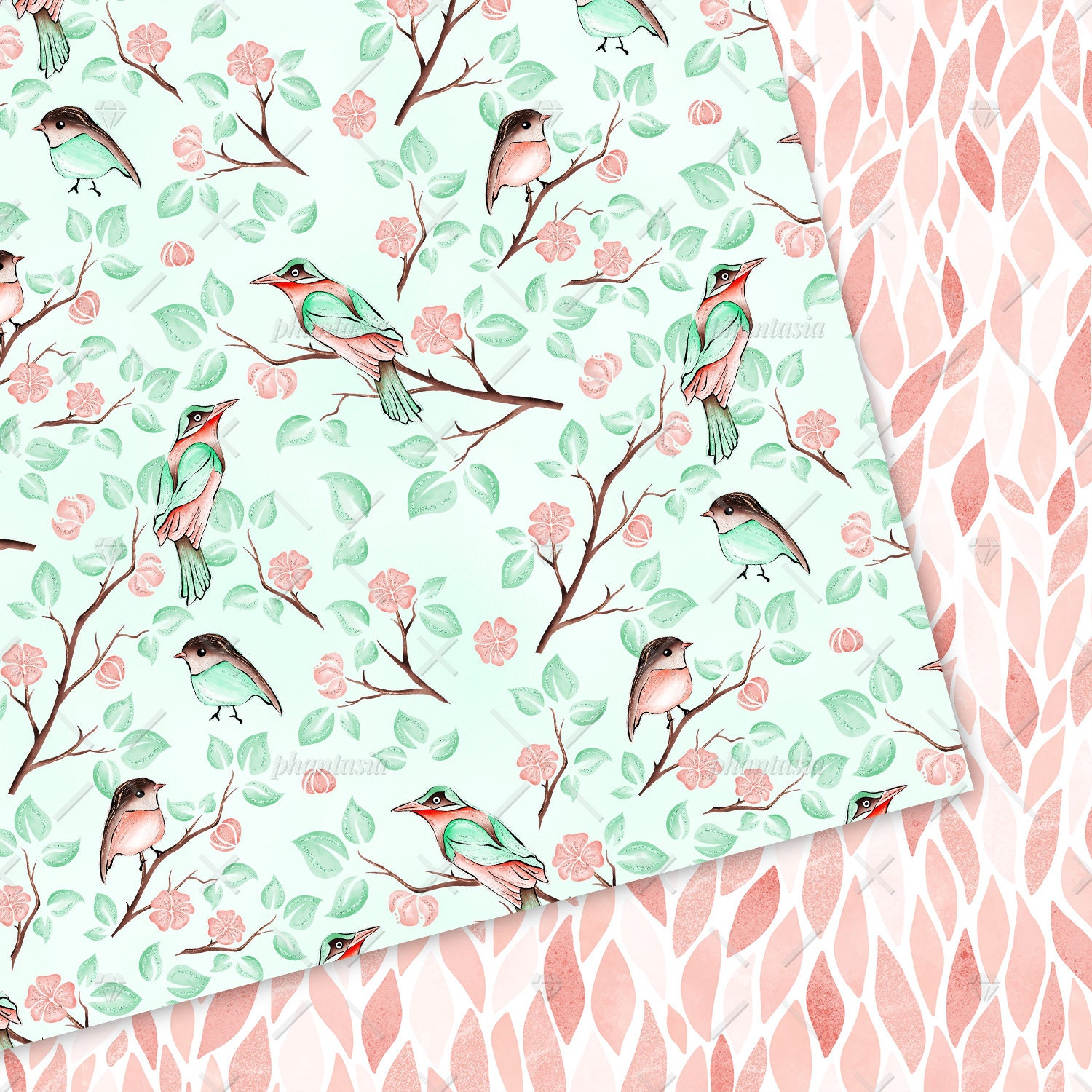 Birds and Flowers Digital Paper Japanese Pattern Birds - Etsy