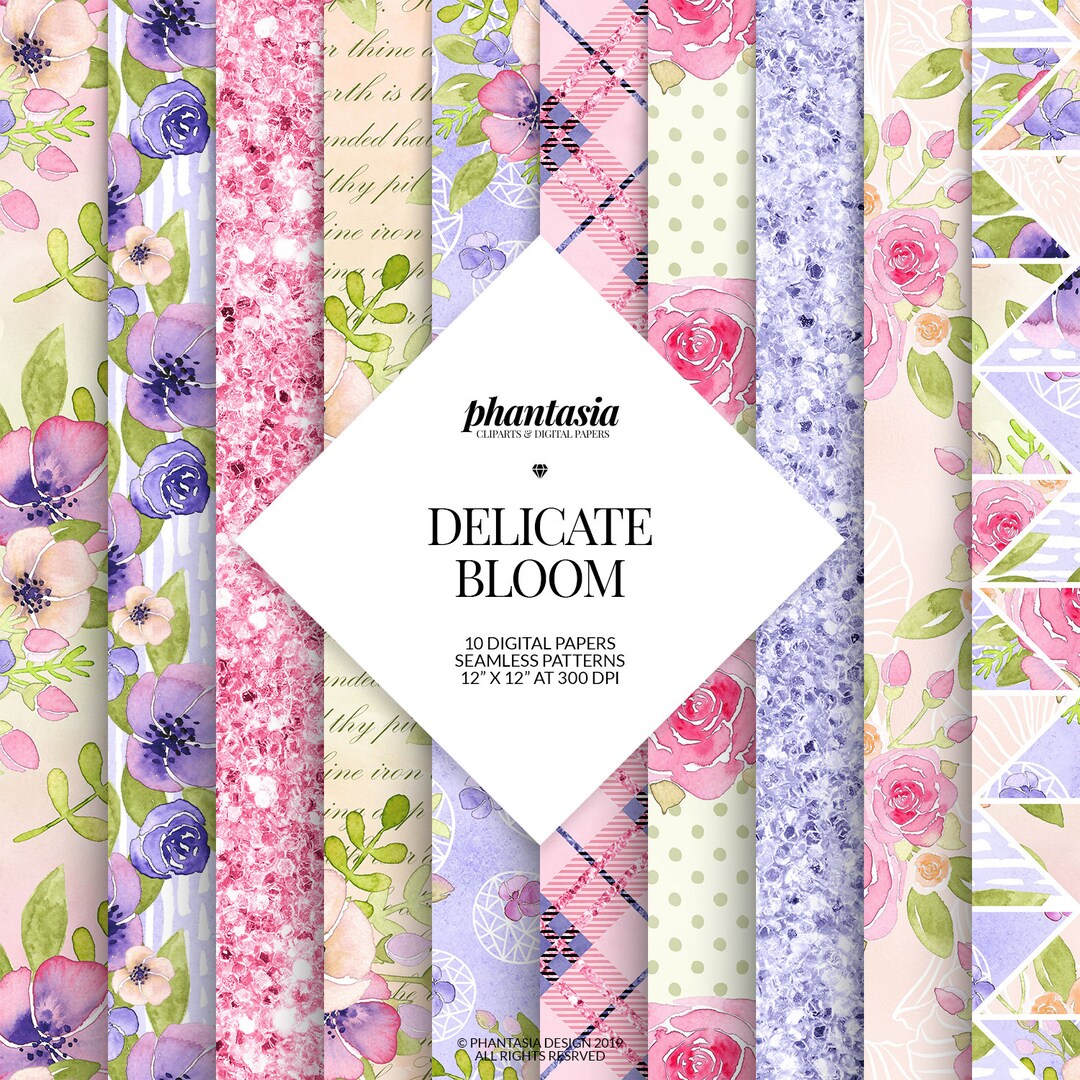 Watercolor Floral Digital Papers, Hand Painted Flowers, Purple Pink ...