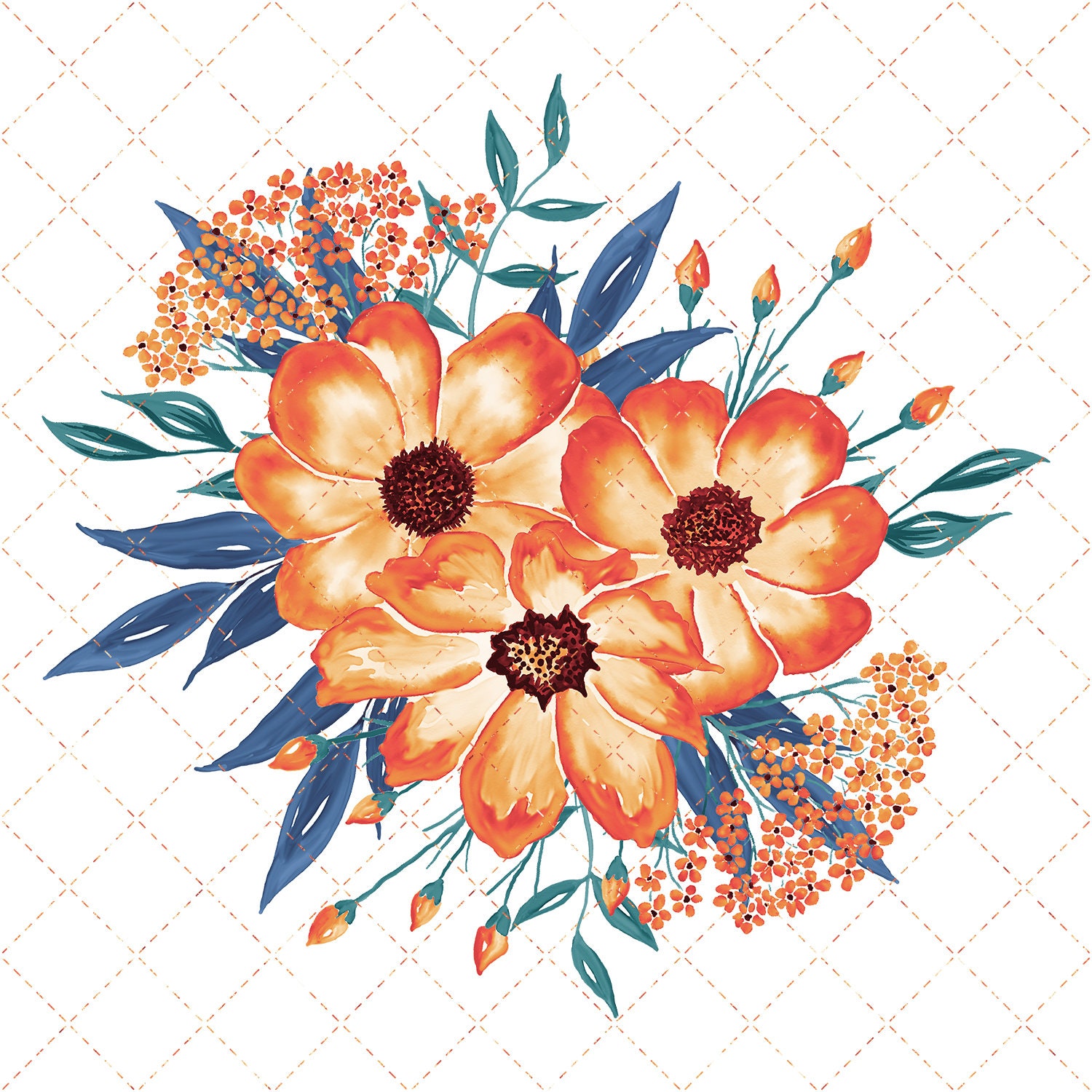 Blue And Orange Watercolor Floral Cliparts Summer Clipart | Etsy