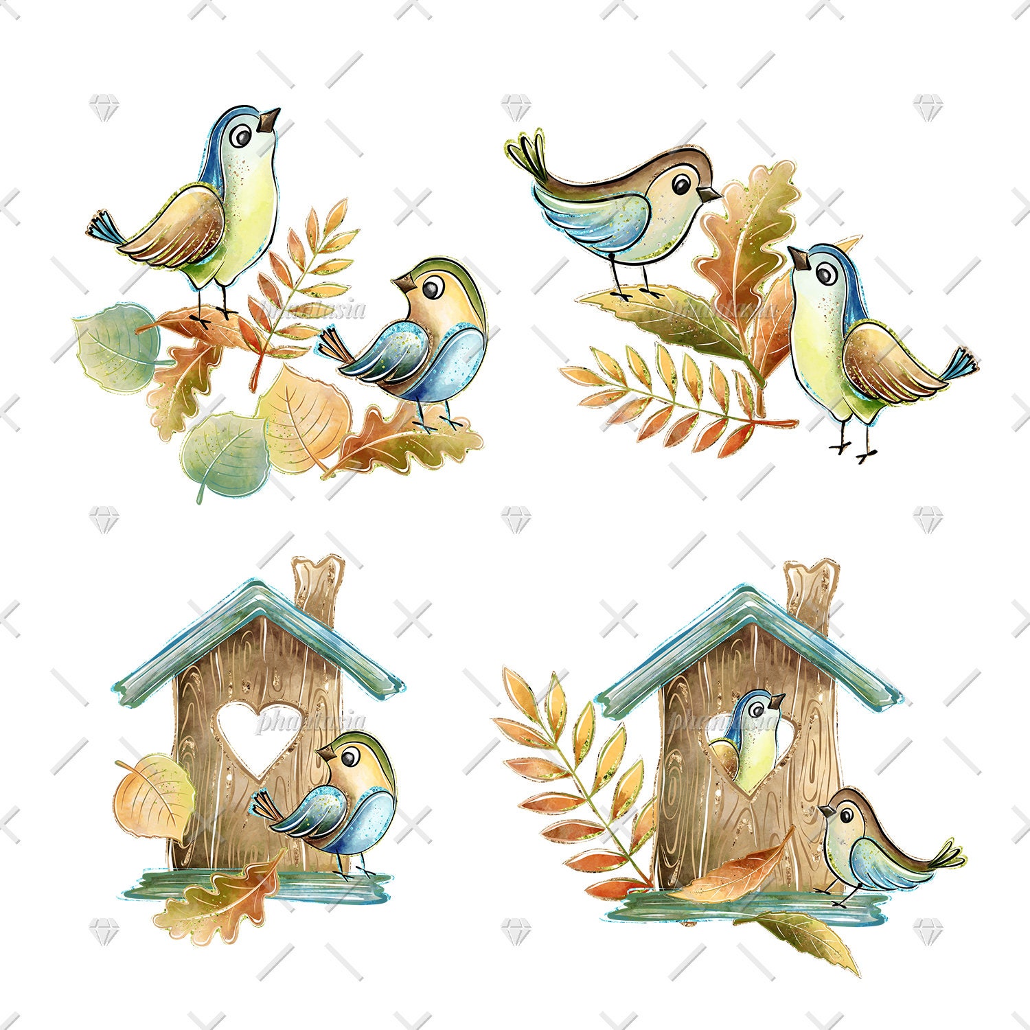 Fall Birds Clipart Bundle Birds Digital Papers Birdhouse - Etsy