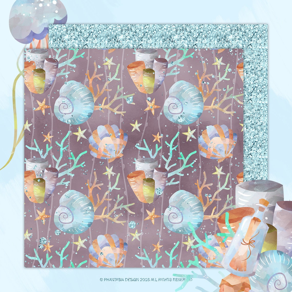 Seashells Digital Paper Sea Creatures Jellyfish Summer | Etsy