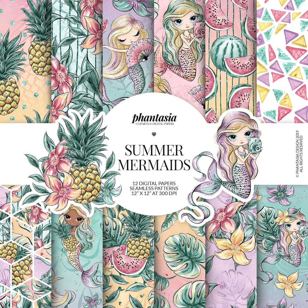 Summer Mermaids Digital Paper, Mermaid Patterns, Seamless Patterns ...