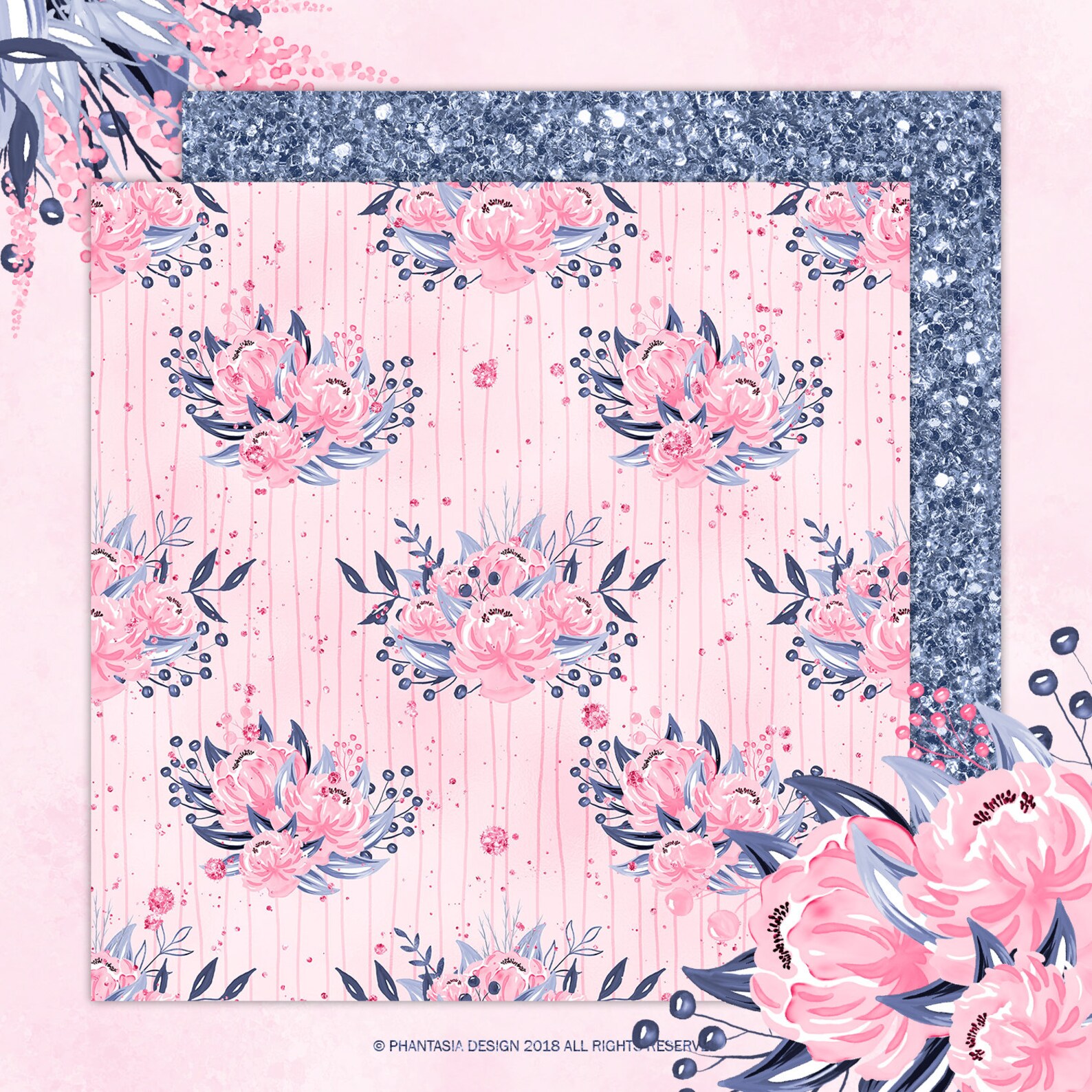 Blue and Pink Watercolor Floral Digital Paper Pink Glitter - Etsy