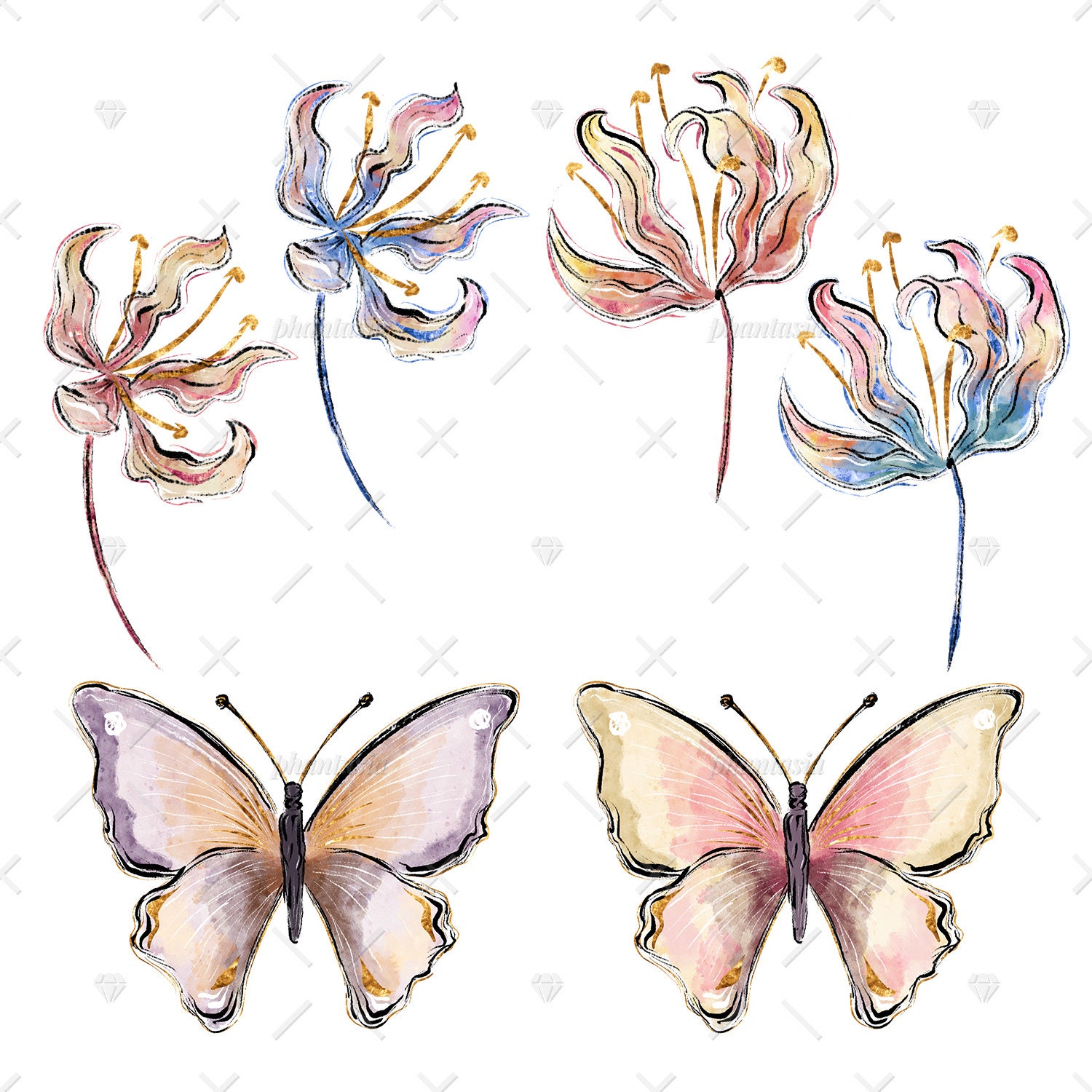 Rainbow Digital Kit, Butterflies Clipart, Watercolor Clipart, Seamless ...