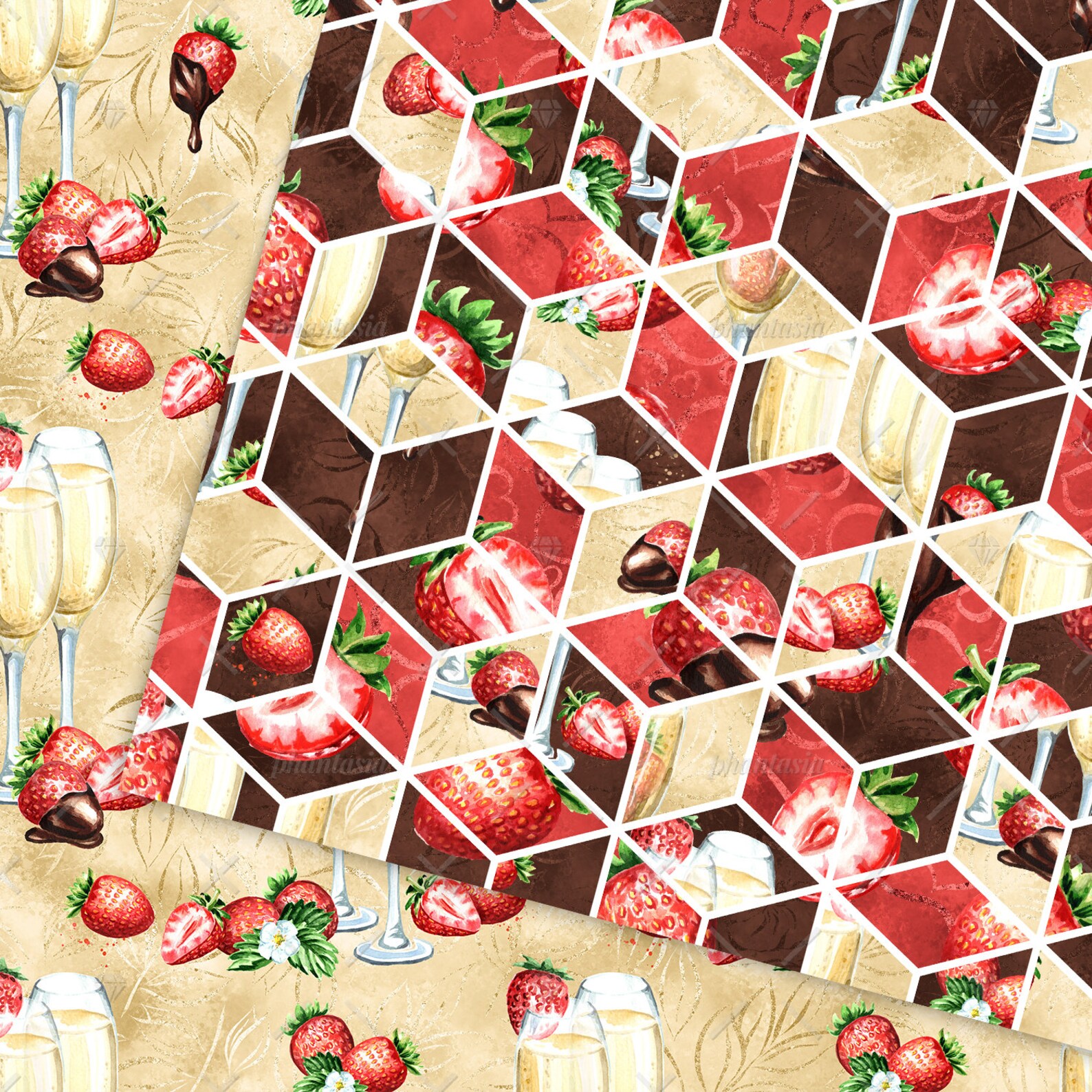 Strawberries and Champagne Digital Paper, Valentines Day, Valentines ...