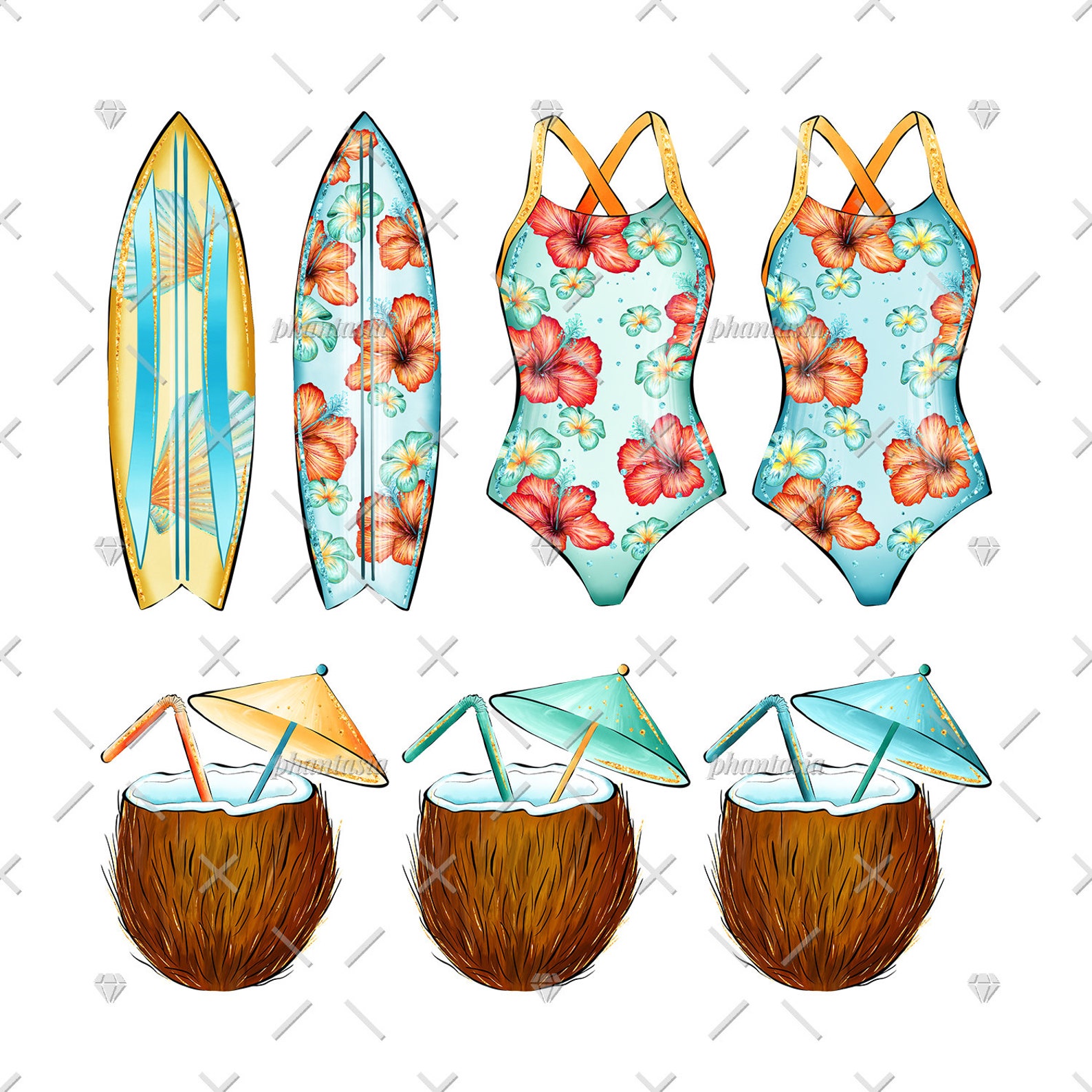 Surfer Girl Cliparts Tropical Cliparts Ocean Clipart | Etsy UK