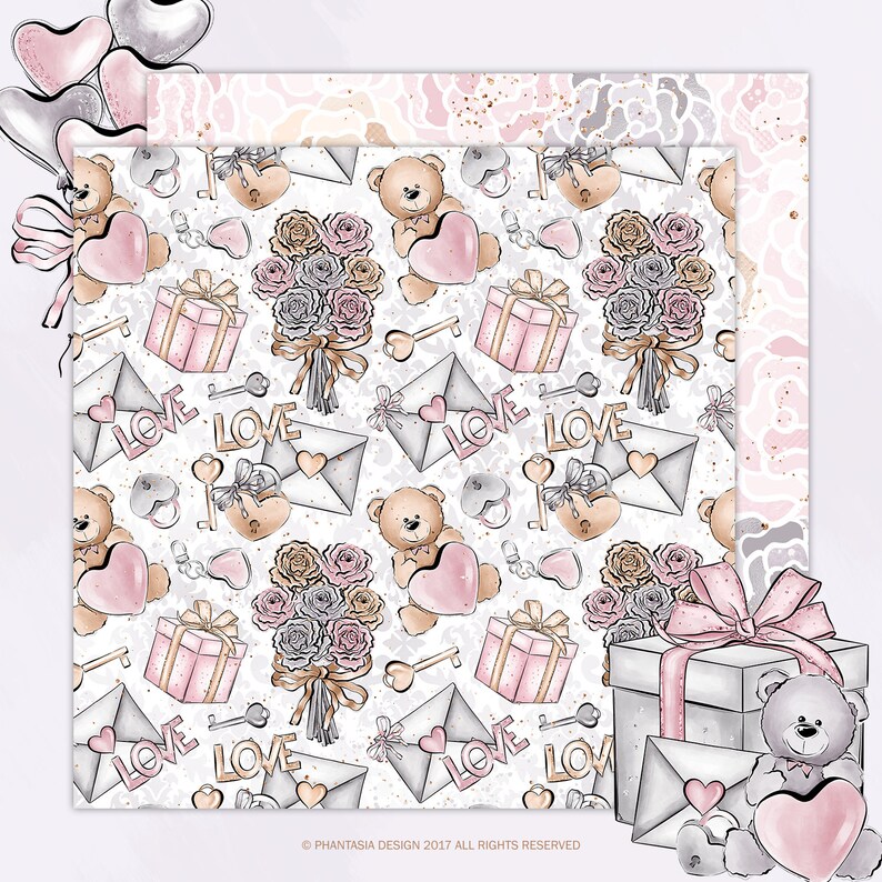 Valentines Day Digital Paper Pack Teddy Bear Love Digital | Etsy