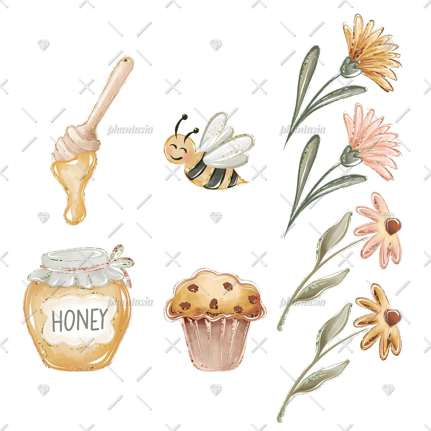 Honey Digital Kit Bee Clipart Watercolor Clipart Seamless - Etsy