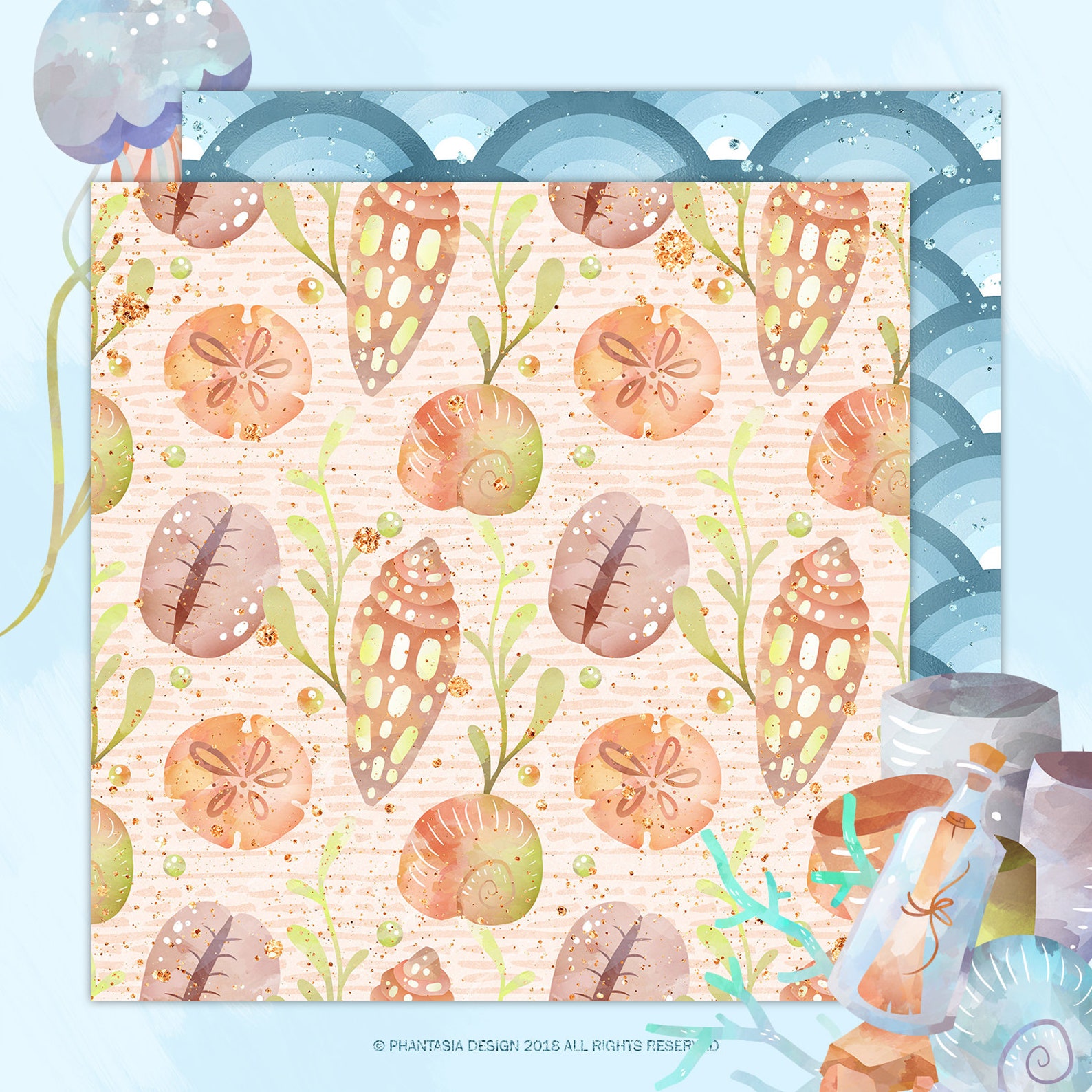 Seashells Digital Paper Sea Creatures Jellyfish Summer | Etsy
