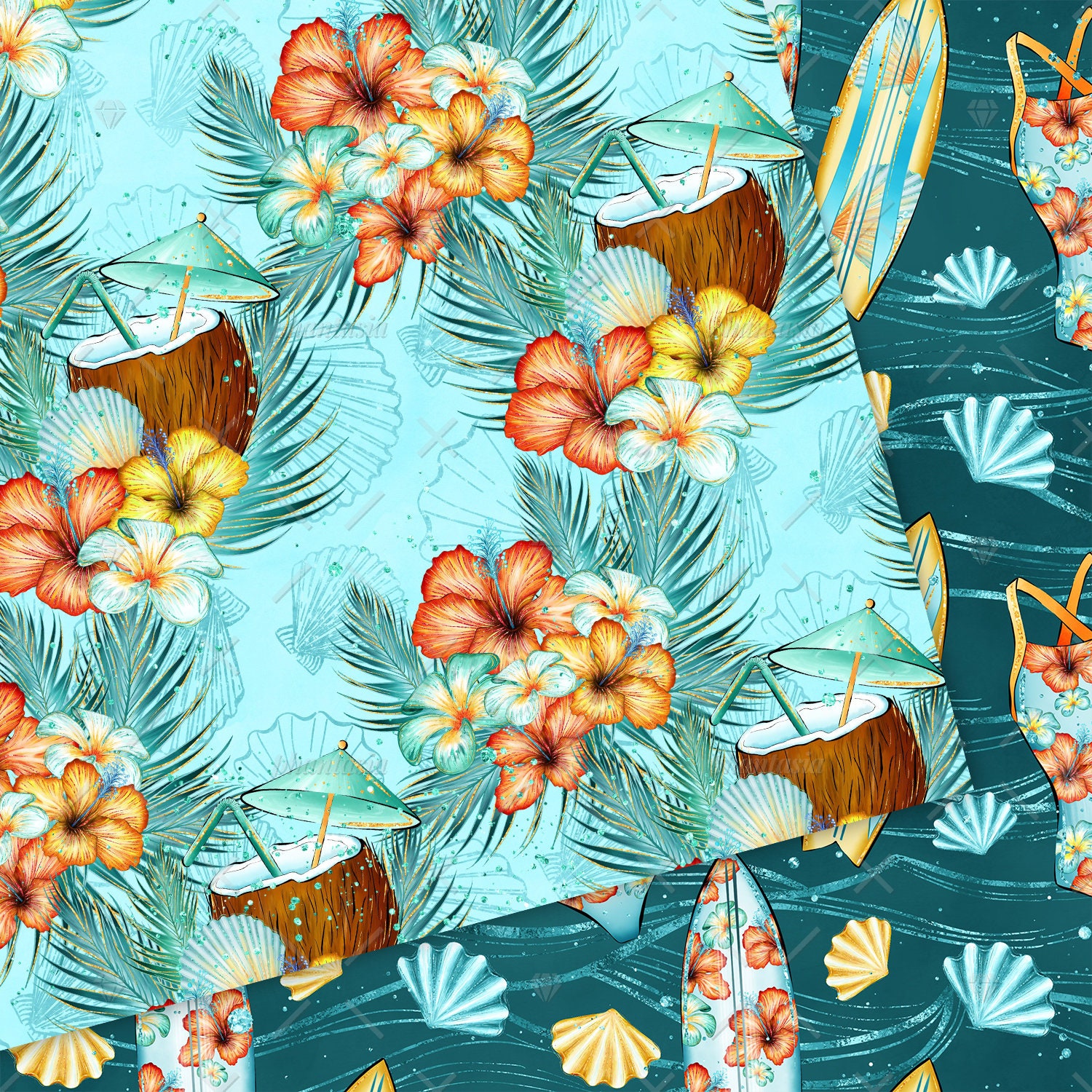 Tropical Island Digital Paper Surfing Digital Paper Exotic - Etsy