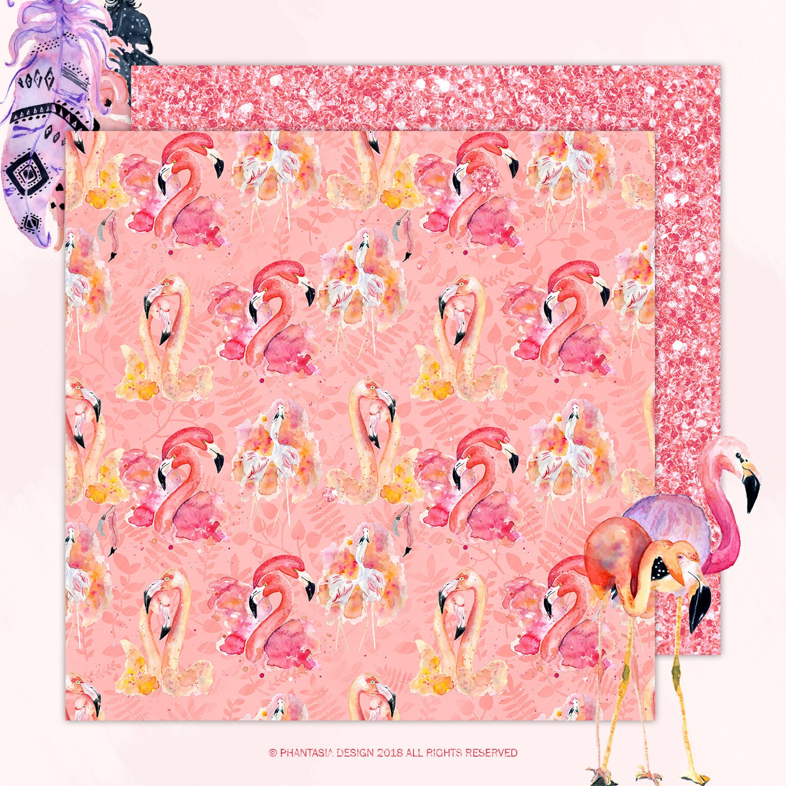 Flamingo Digital Paper Pack, Boho Digital Paper, Flamingo Pattern ...