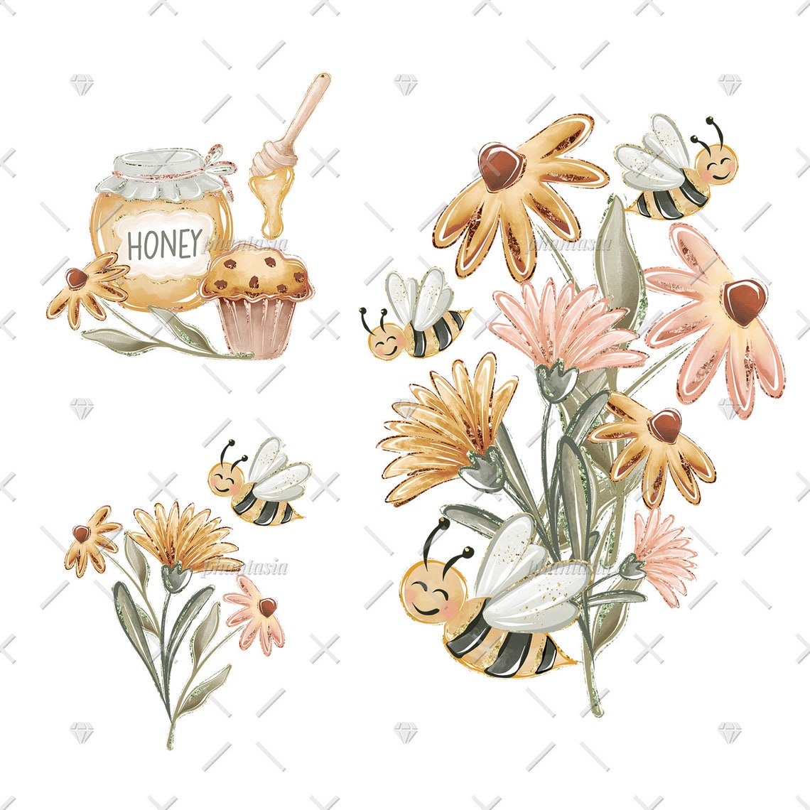 Honey Digital Kit Bee Clipart Watercolor Clipart Seamless - Etsy