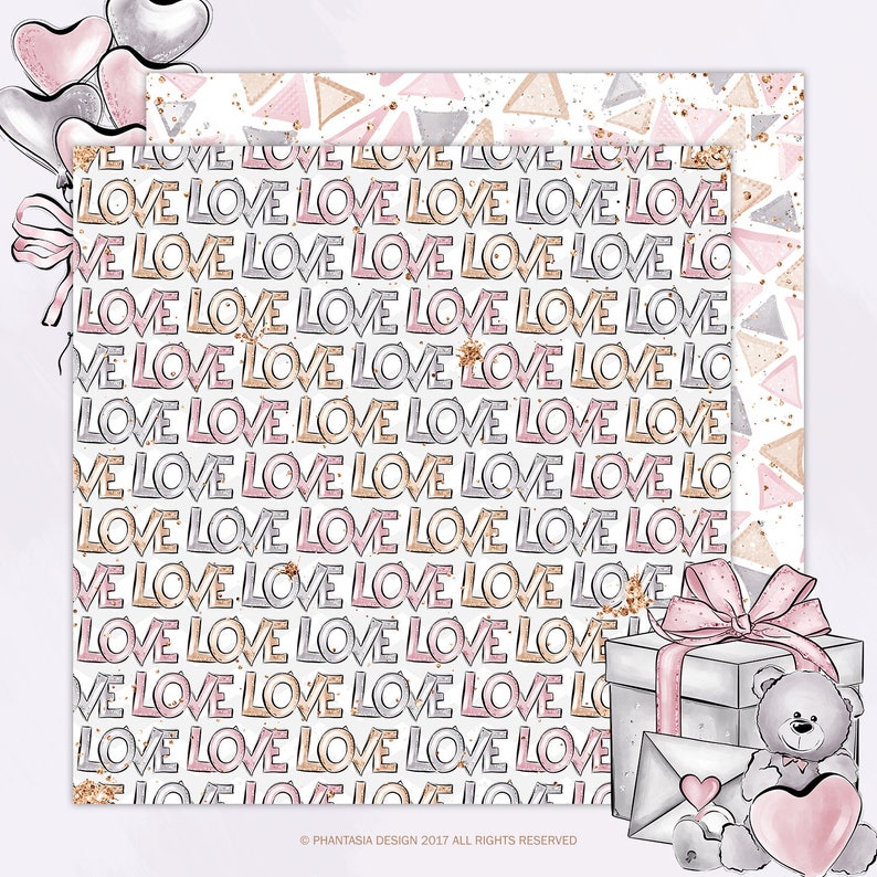 Valentines Day Digital Paper Pack Teddy Bear Love Digital | Etsy