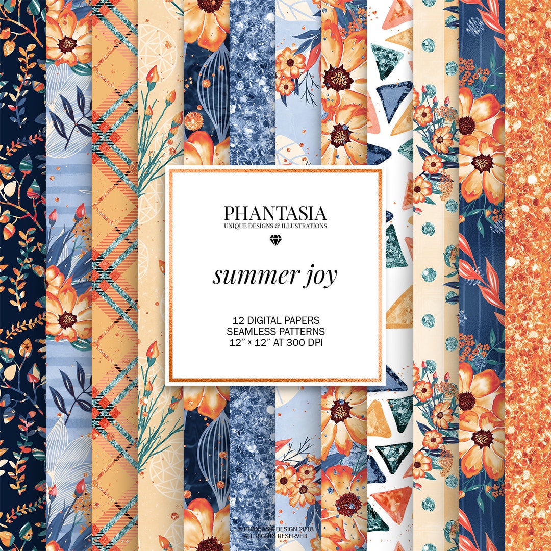 Watercolor Floral Digital Paper, Flower Digital, Blue and Orange ...