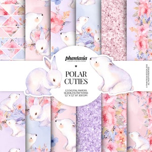 Polar Animals Digital Papers, Polar Bear Pattern, Snow Bunny, Winter ...