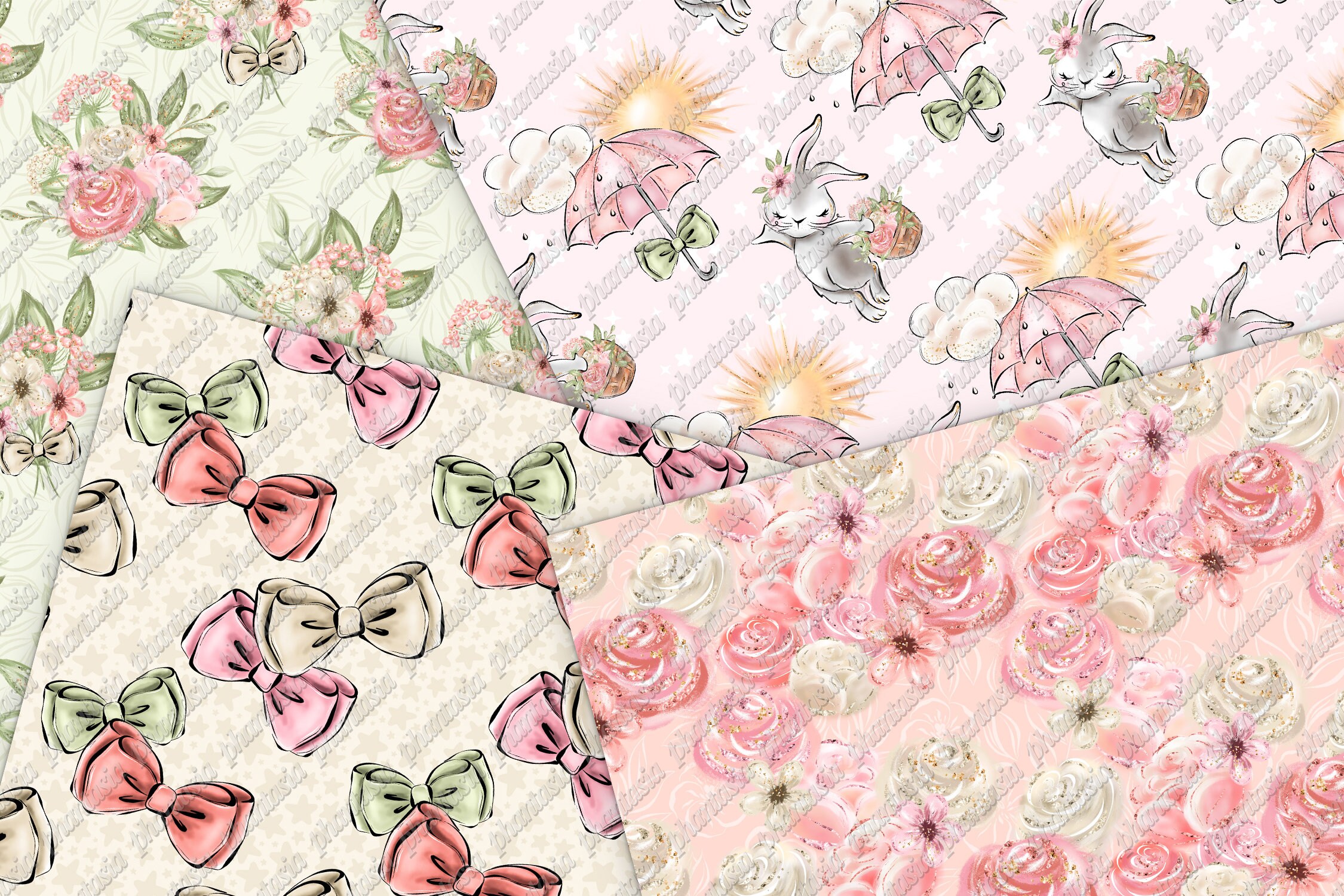 Spring Bunny Digital Paper Cute Animals Watercolor Patterns | Etsy