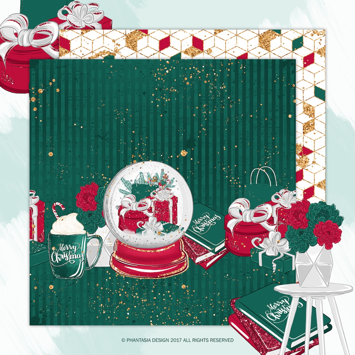 Christmas Digital Paper Pack, Christmas Digital Paper, Gifts, Gold ...