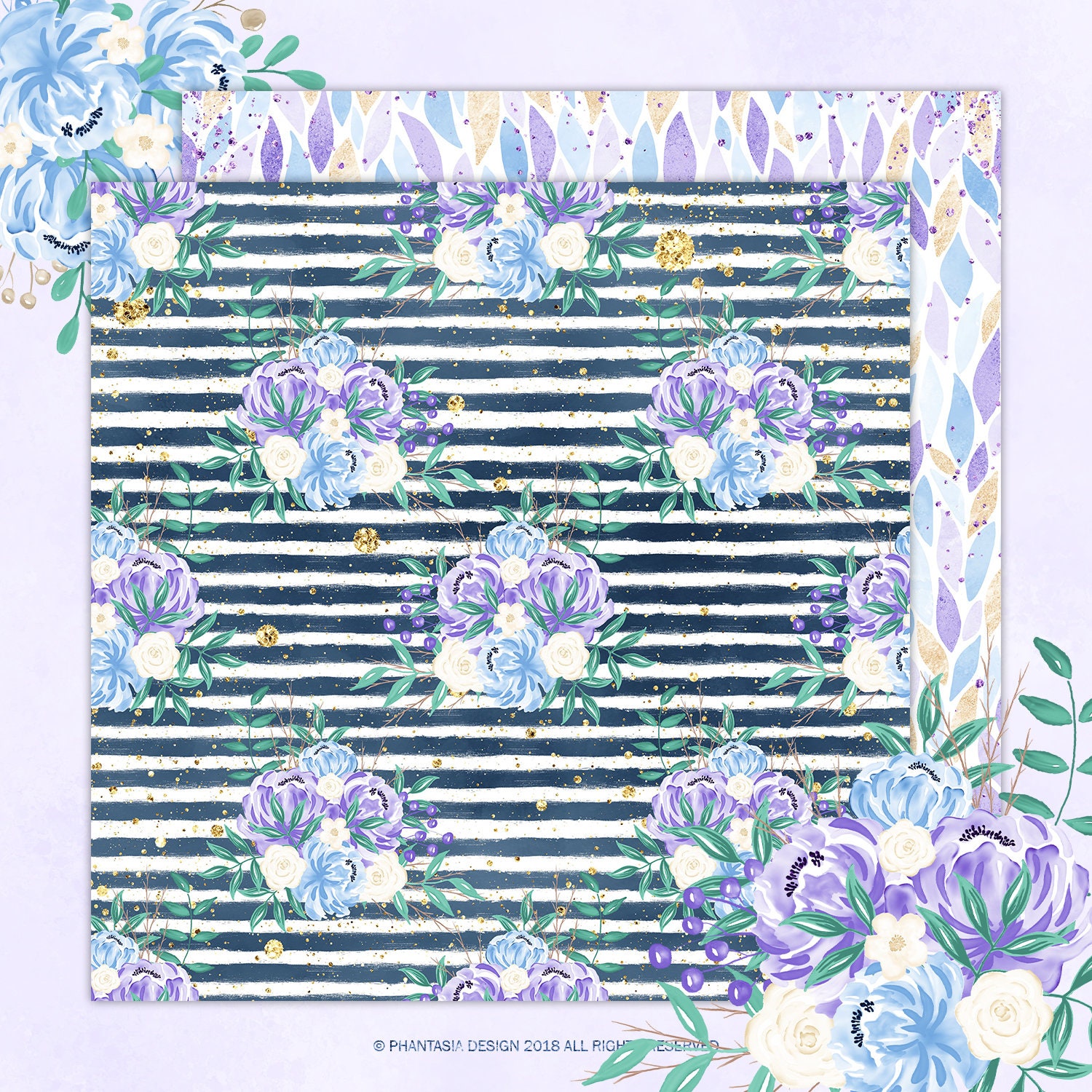 Watercolor Floral Digital Paper Flower Digital Blue and - Etsy