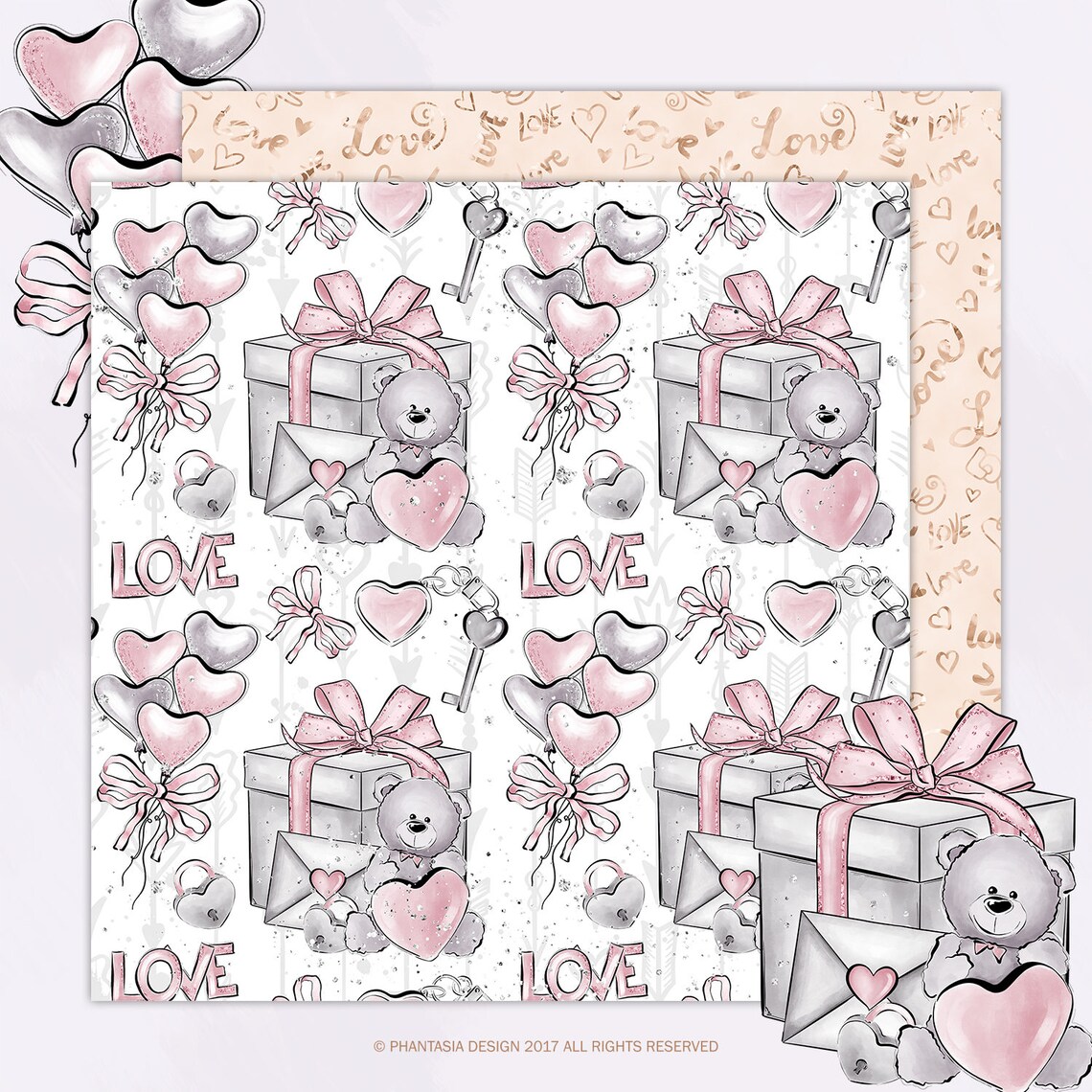 Valentines Day Digital Paper Pack, Teddy Bear, Love Digital Paper, Pink ...
