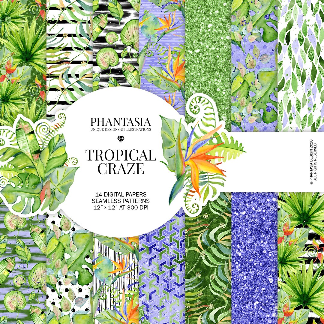 Tropical Digital Paper, Tropical Leaves, Tropical Planner, Summer ...